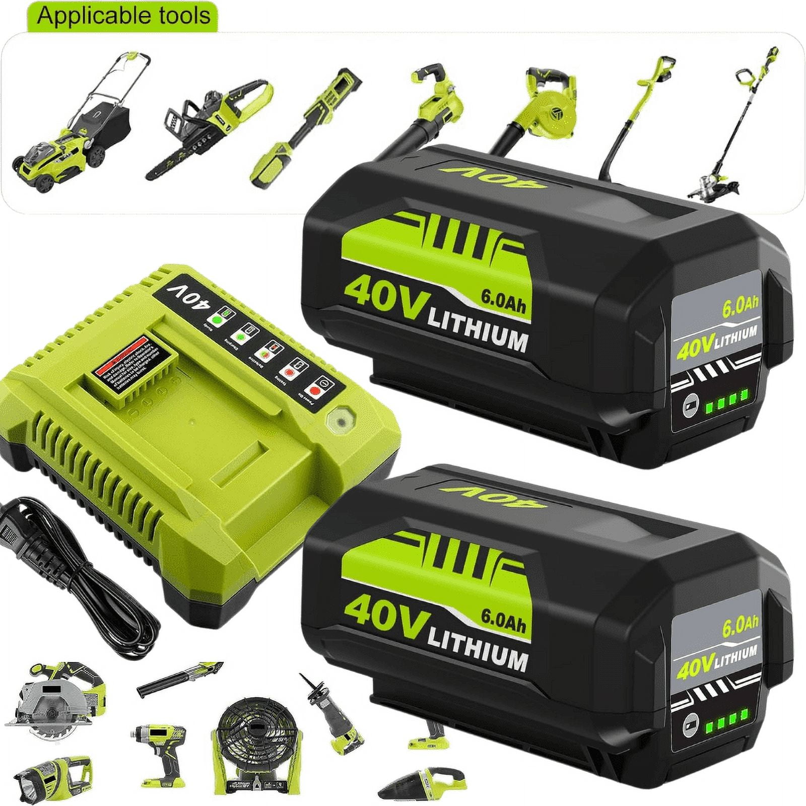 2 Pack 6.0Ah 40 Volt Replacement for Ryobi 40V Battery and Charger Kit ...