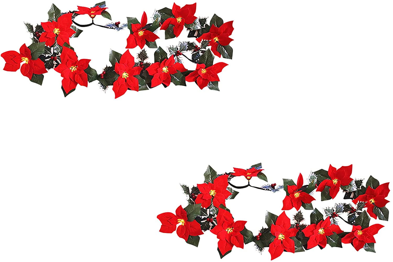 2 Pack 6.6ft Pre-Lit Christmas Poinsettia with Red Berries and Holly ...