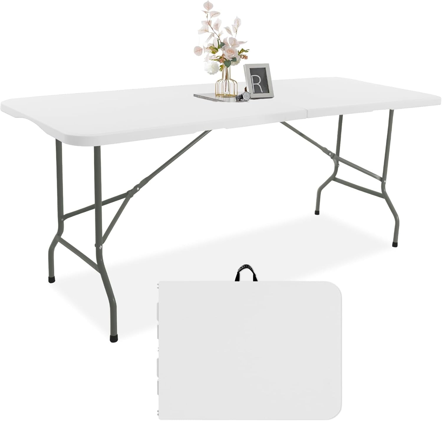 2 Pack 6 FT Folding Tables White Foldable Table, Fold-in-Half with ...