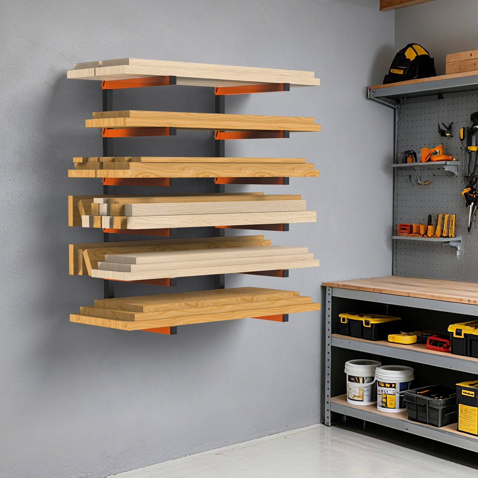 2-Pack 6-Level Wall Mount Lumber Rack, Heavy Duty Metal Storage for ...