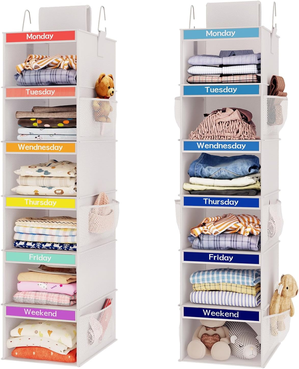 2 Pack 6-Shelf Weekly Hanging Closet Organizer for Kids, Kids Daily ...