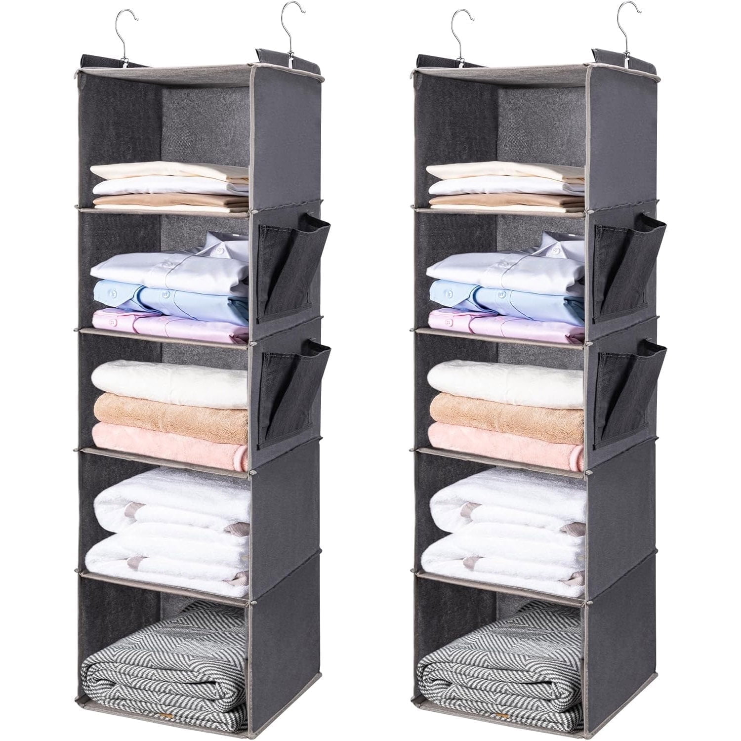 2 Pack 6-Tier Hanging Closet Organizer with Hooks - Foldable Storage ...