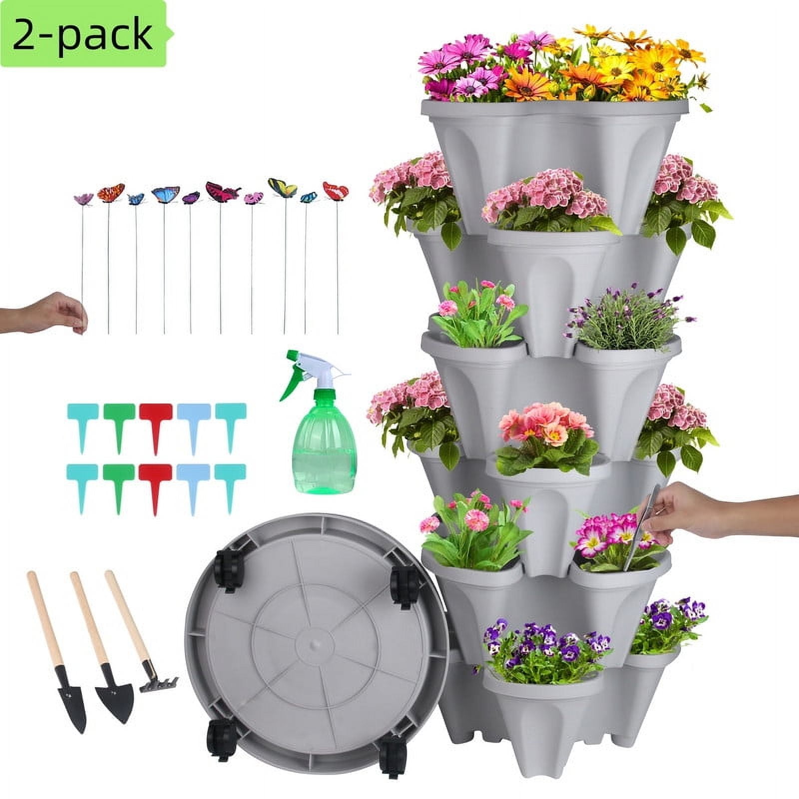 2 Pack 6-Tier Stackable Vertical Planter Tower with Wheels & Tools ...