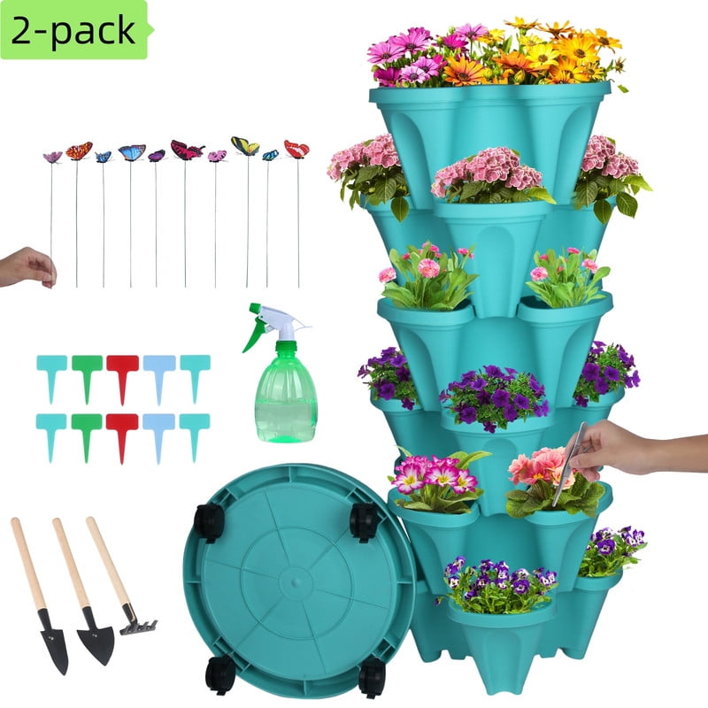 2 Pack 6-Tier Stackable Vertical Planter Tower with Wheels & Tools ...