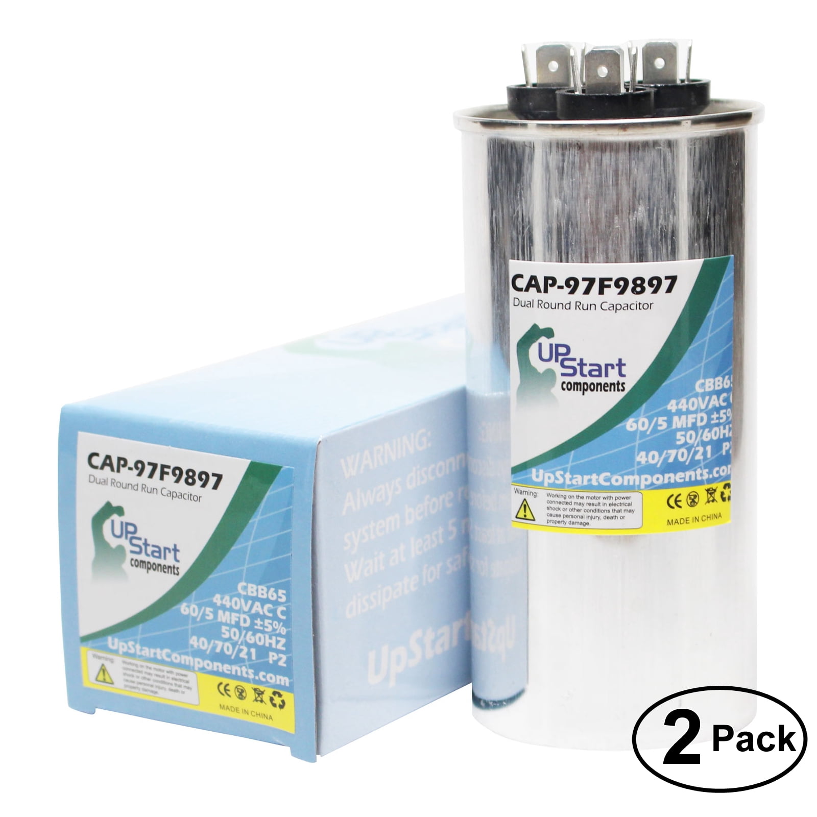 2-Pack 60 / 5 MFD 440 Volt Dual Round Run Capacitor Replacement for ...