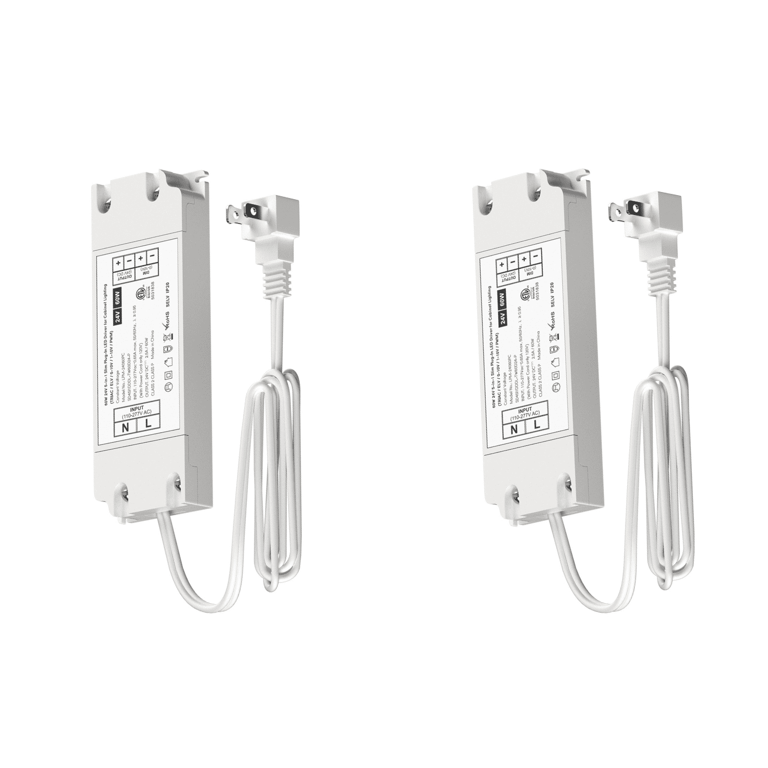 2 Pack 60W 24V Enclosed Ultra Thin Power Supply, Plug-in LED Driver, 5 ...