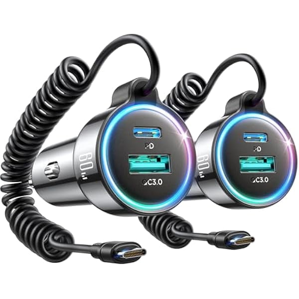 2-Pack 60W Fast Car Charger USB C, PD &QC3.0 with 5ft 30W Type C Coiled ...
