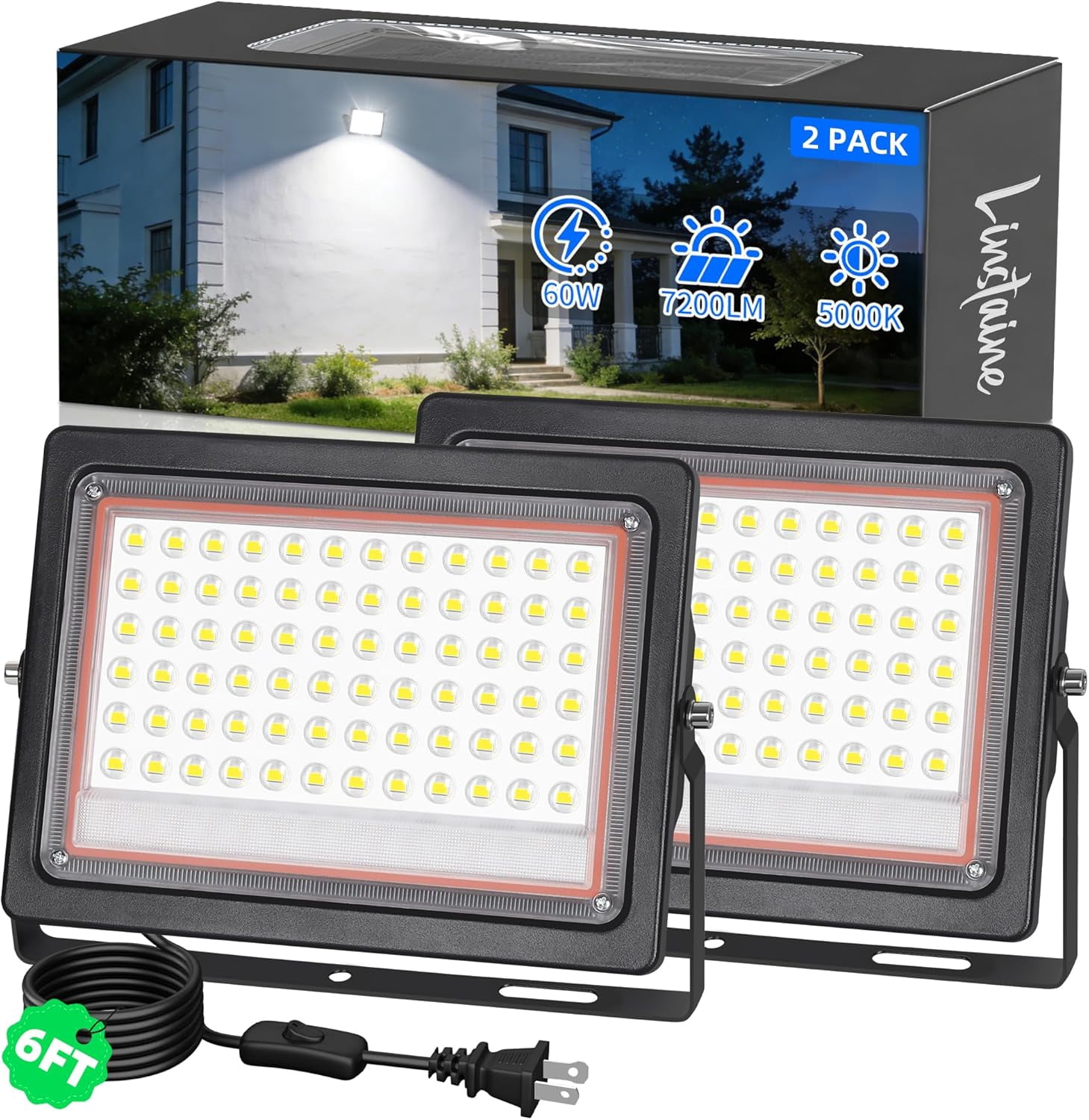 2 Pack 60W LED Flood Lights Outdoor, IP66 Waterproof 7200LM Plug in ...