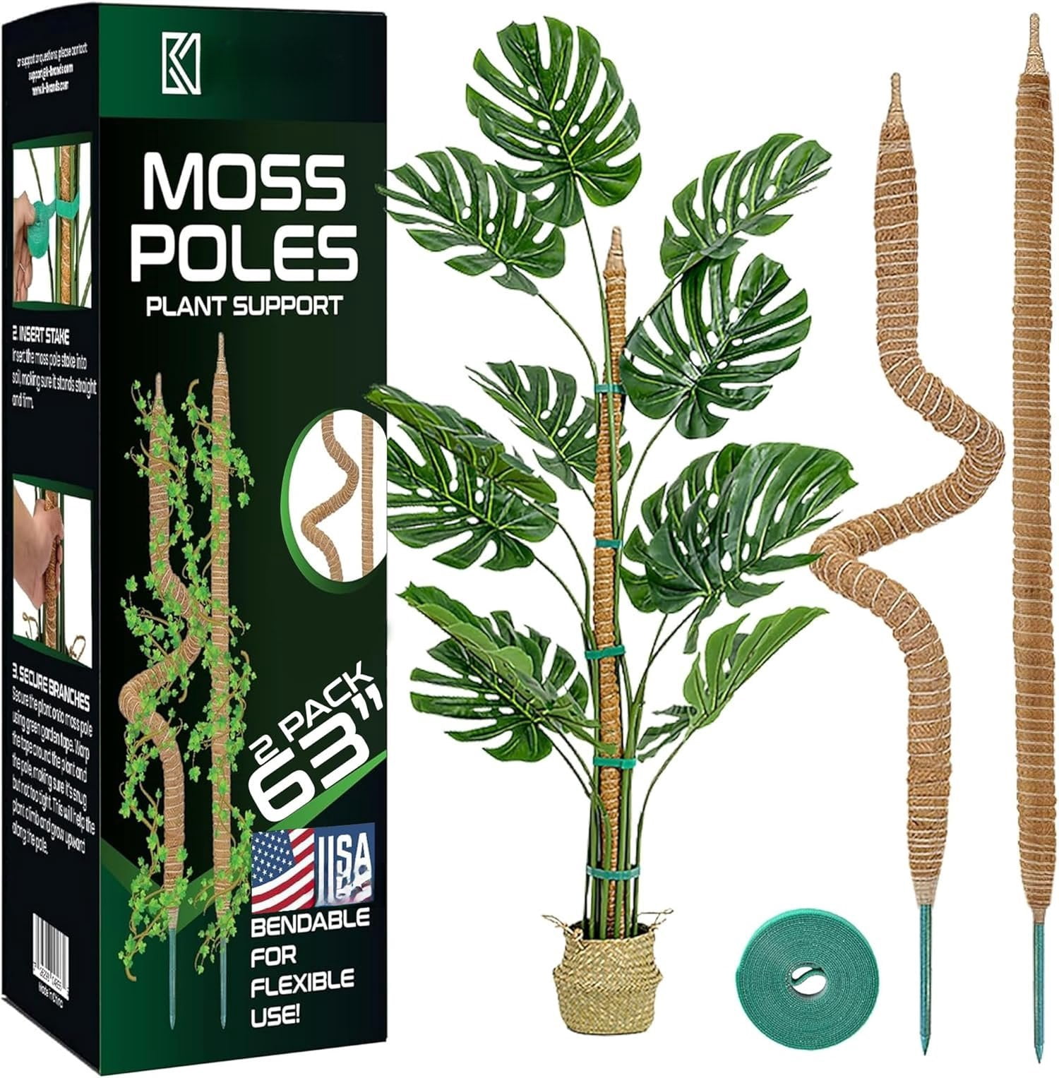 2 Pack 63'' Bendable Moss Pole Monstera Support for Large Climbing ...