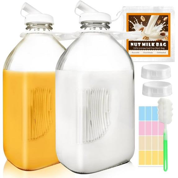 2 Pack 64 Oz Glass Milk Bottles with Nut Milk Bag, Pour Spout & Lids ...