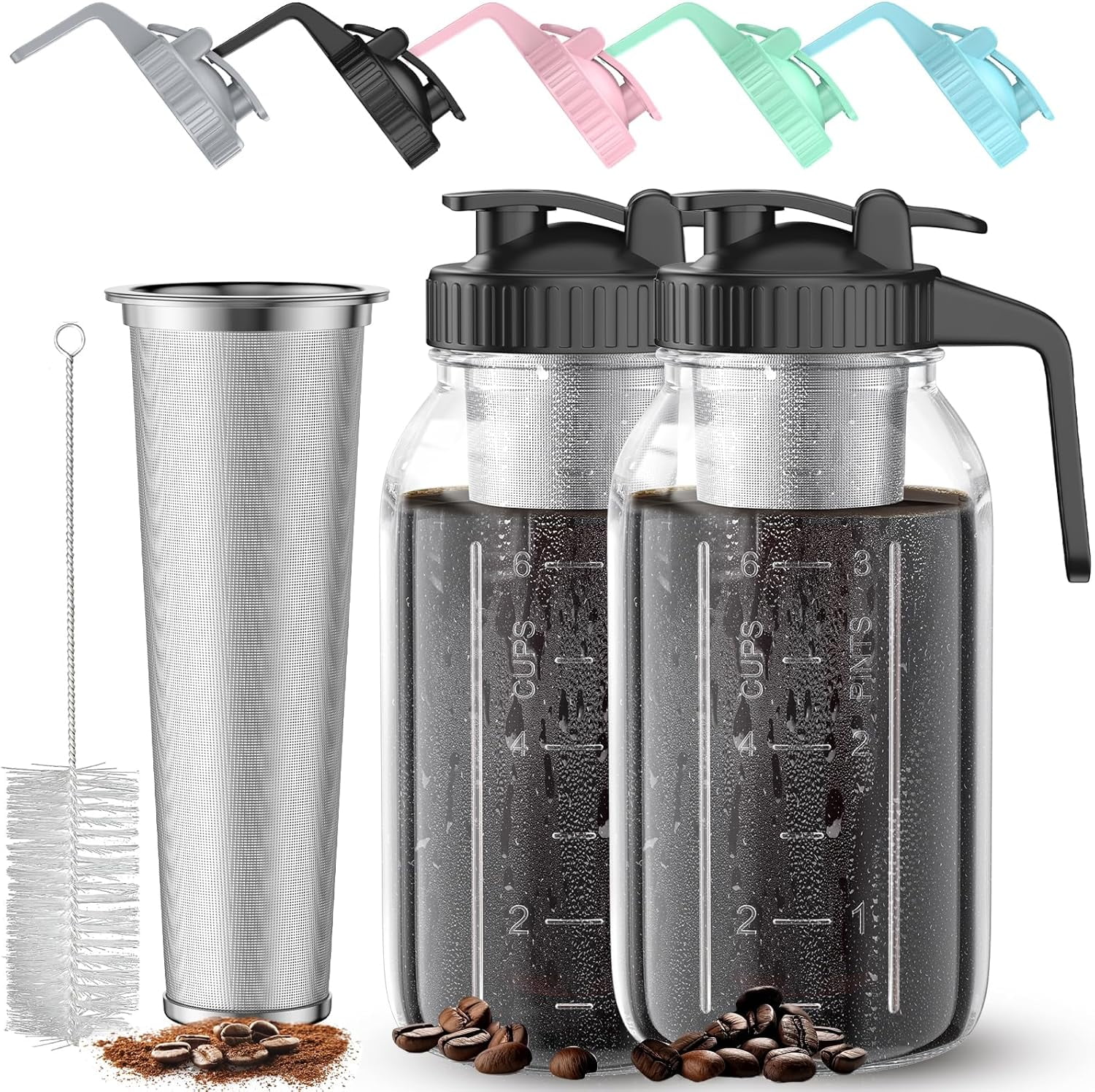 2 Pack 64 oz Cold Brew Coffee Maker Jar - Thick Glass Cold Brew Maker ...