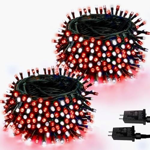 2 Pack 66FT 200 LED Red and White Christmas String Lights Indoor ...