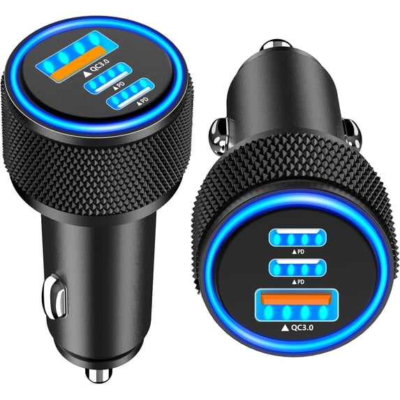 2-Pack 67W Car Charger Adapter, 3-Port USB C + USB A Fast Charging Plug ...