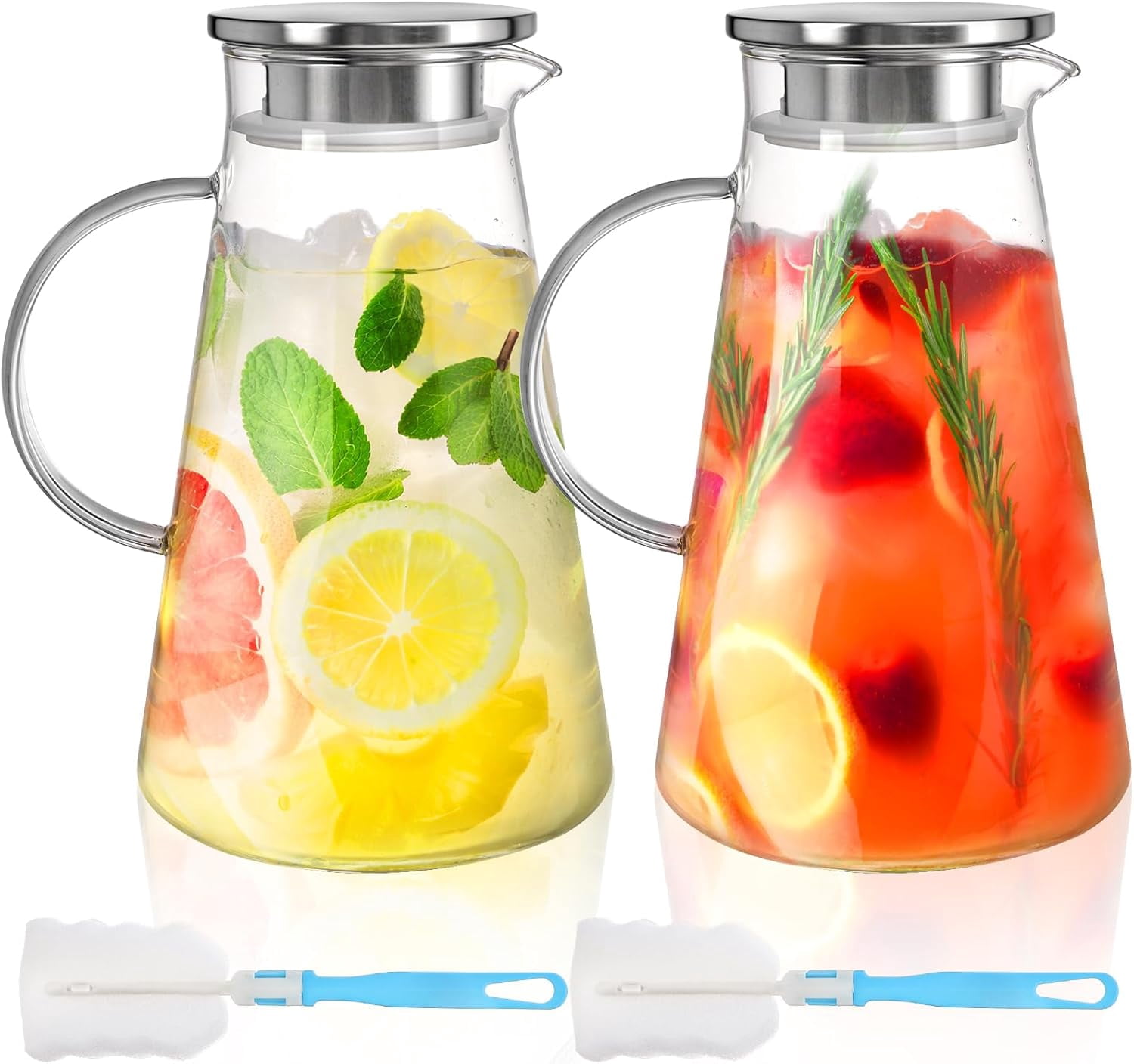 2 Pack 68 oz Glass Pitcher with Lid, BPA-Free Glass Water Jug Carafe ...