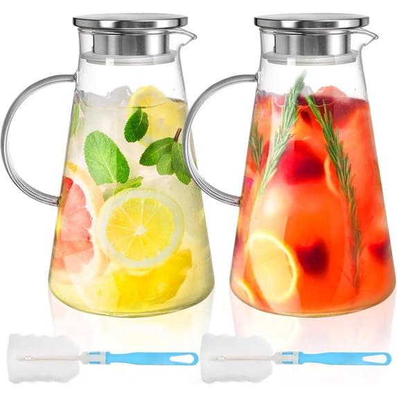 2 Pack 68 oz Glass Pitcher with Lid, BPA-Free Glass Water Jug Carafe ...