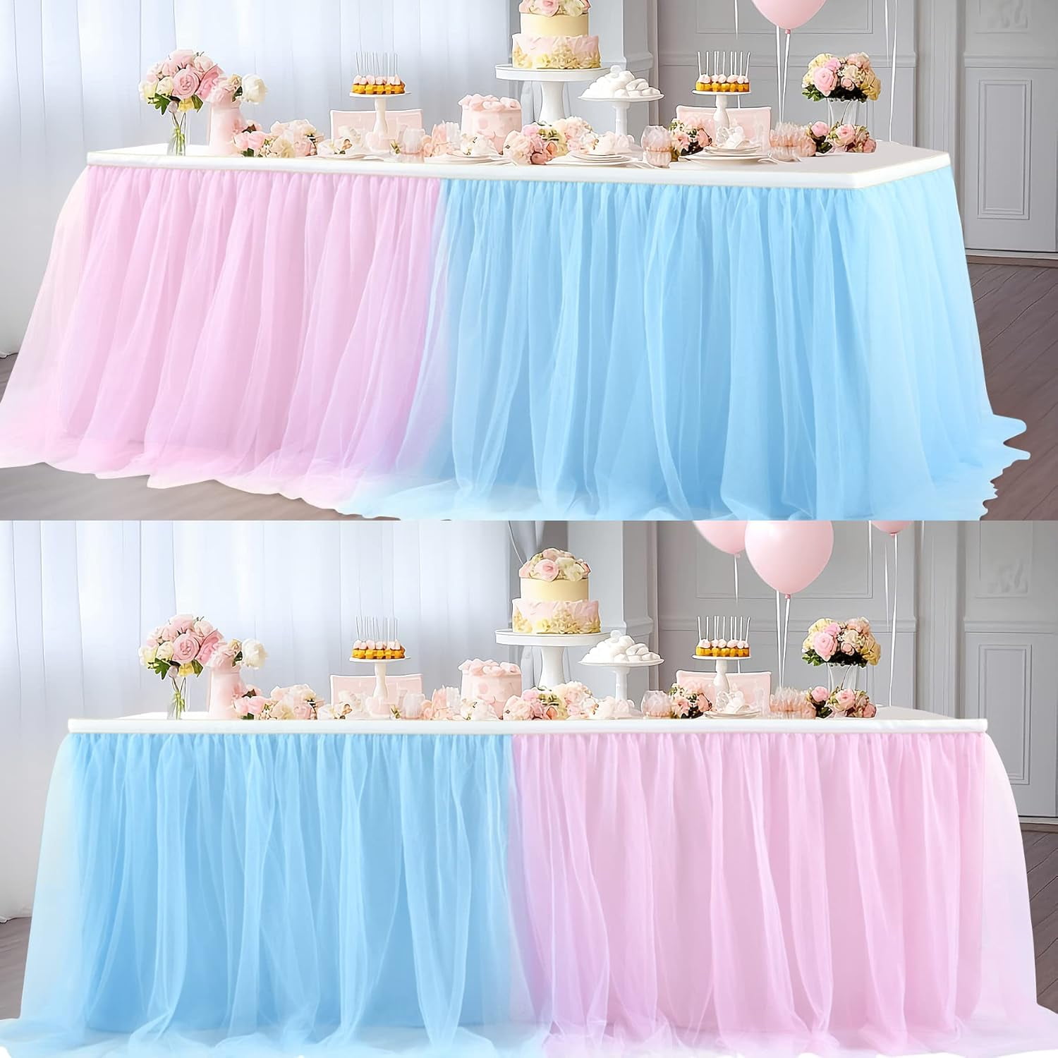 2 Pack 6ft Pink and Blue Tulle Table Skirt for Gender Reveal Tutu Table ...