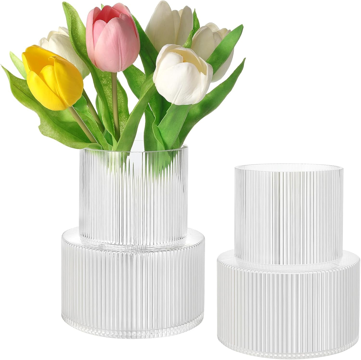 2 Pack 7.5 Inch Clear Large Ribbed Vase,Fluted Glass Vase for Flowers ...