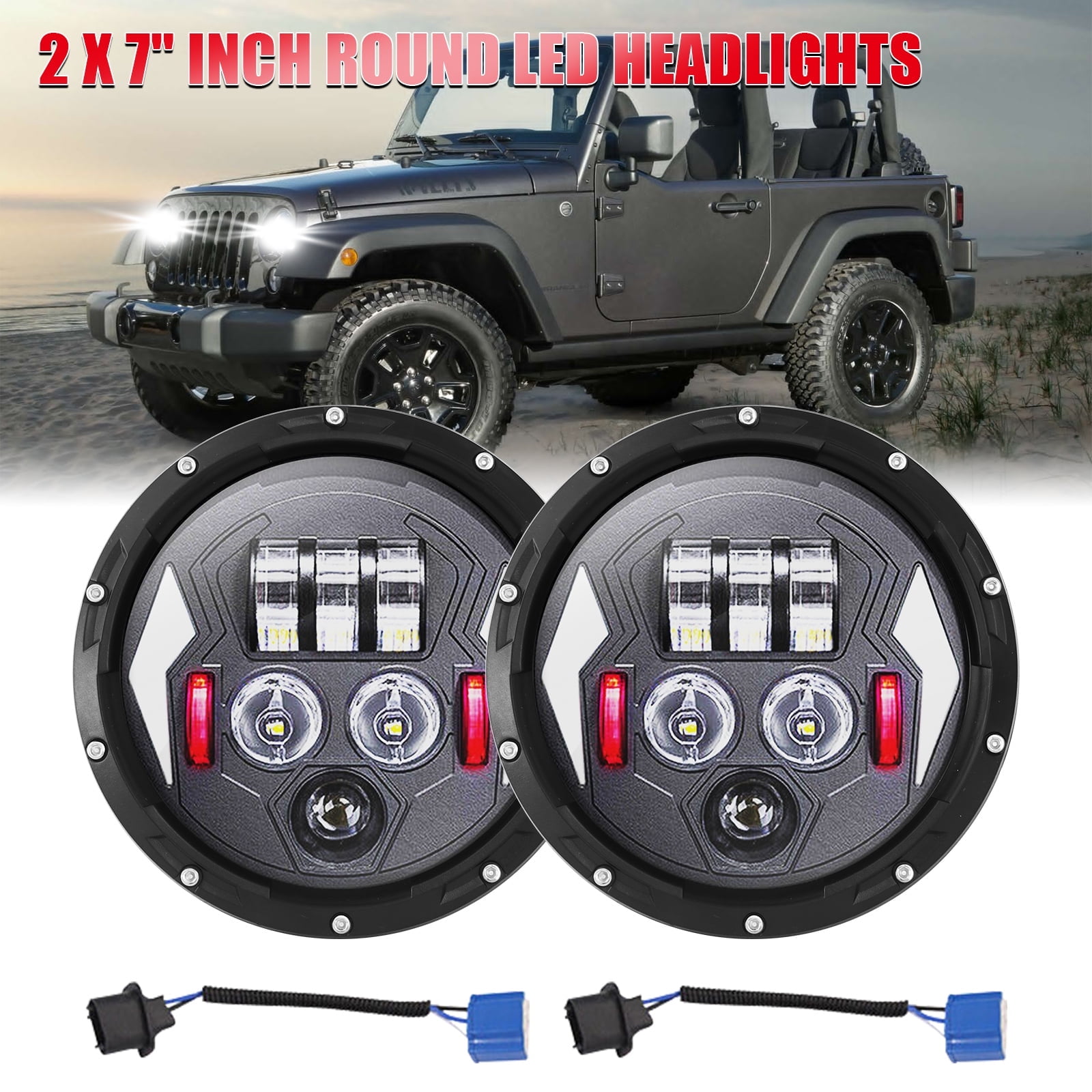 Top-Gears 7 Inch LED Headlights Halo Angel Eyes, Round LED Headlights ...