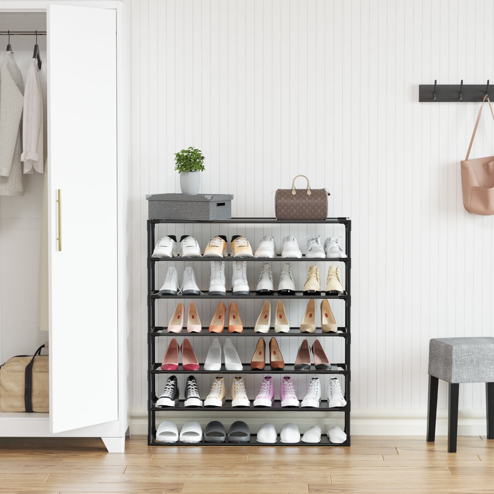 2 Pack 7-Tier Shoe Rack Small Spaces Storage Steel Frame And Fabric ...