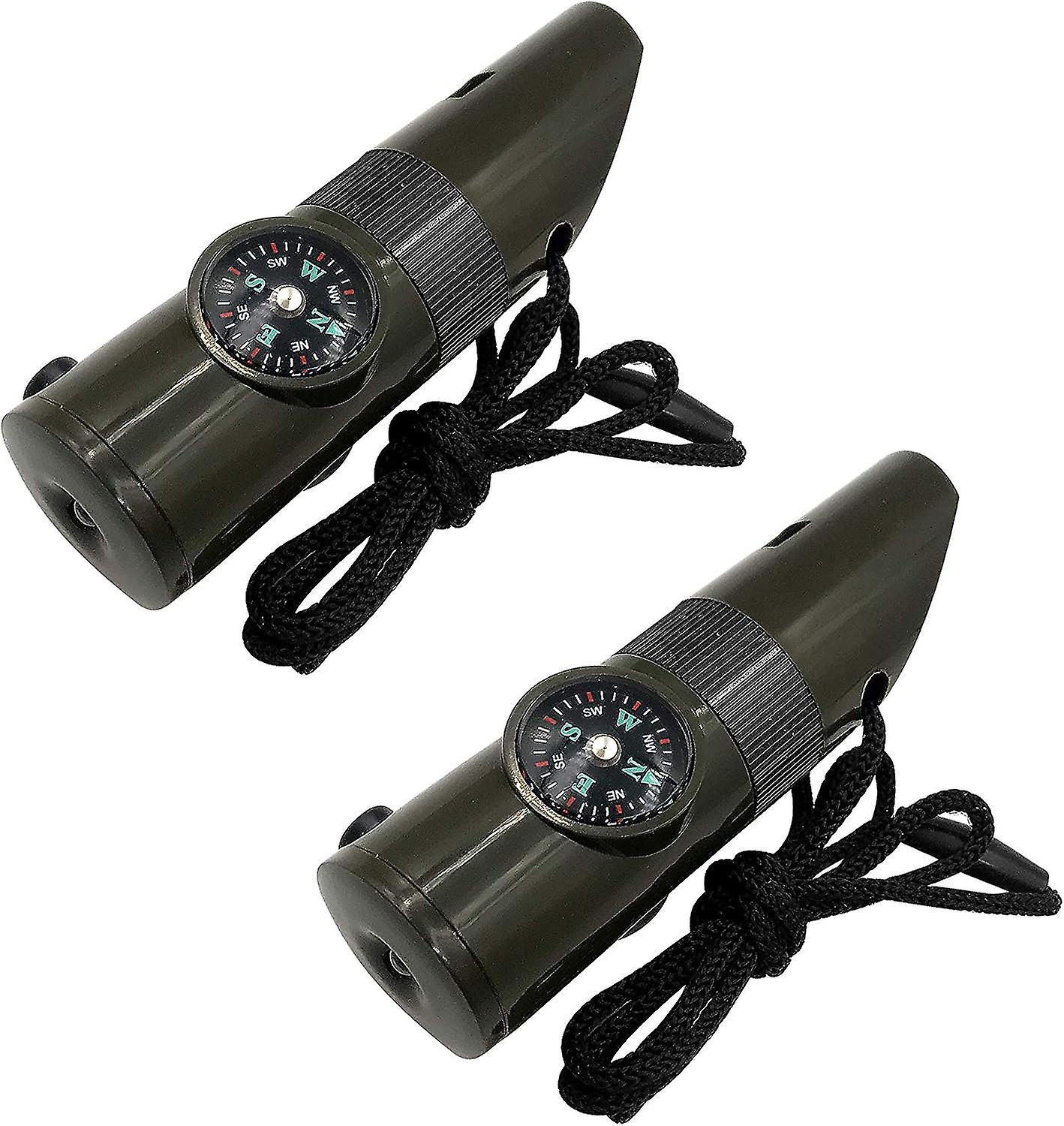 2 Pack 7-in-1 Green Survival Whistle Compass Thermometer Flashlight ...