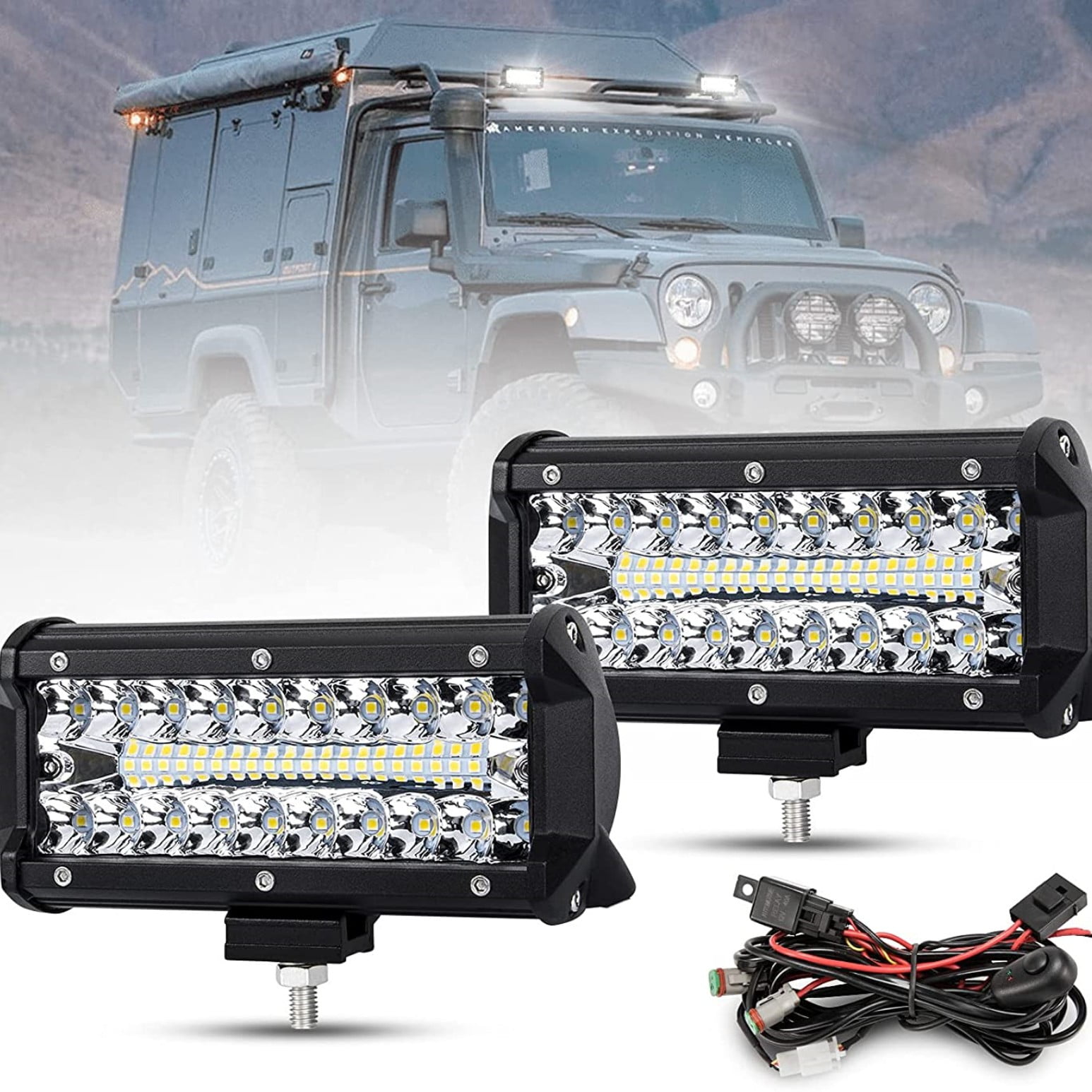 2 Pack 7 inch Triple Row LED Light Bar, 320W 32000LM Flood Spot Combo ...