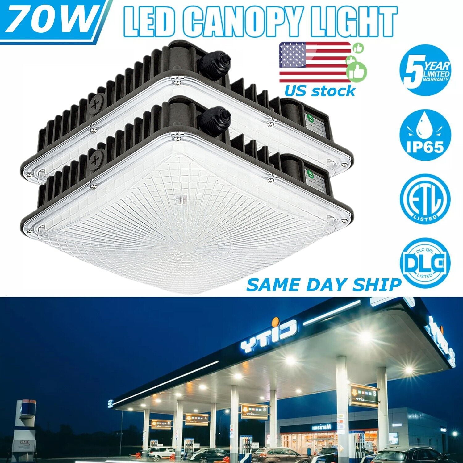 2 Pack 70Watt LED Canopy Light Commerical Grade,IP65 Weatherproof ...