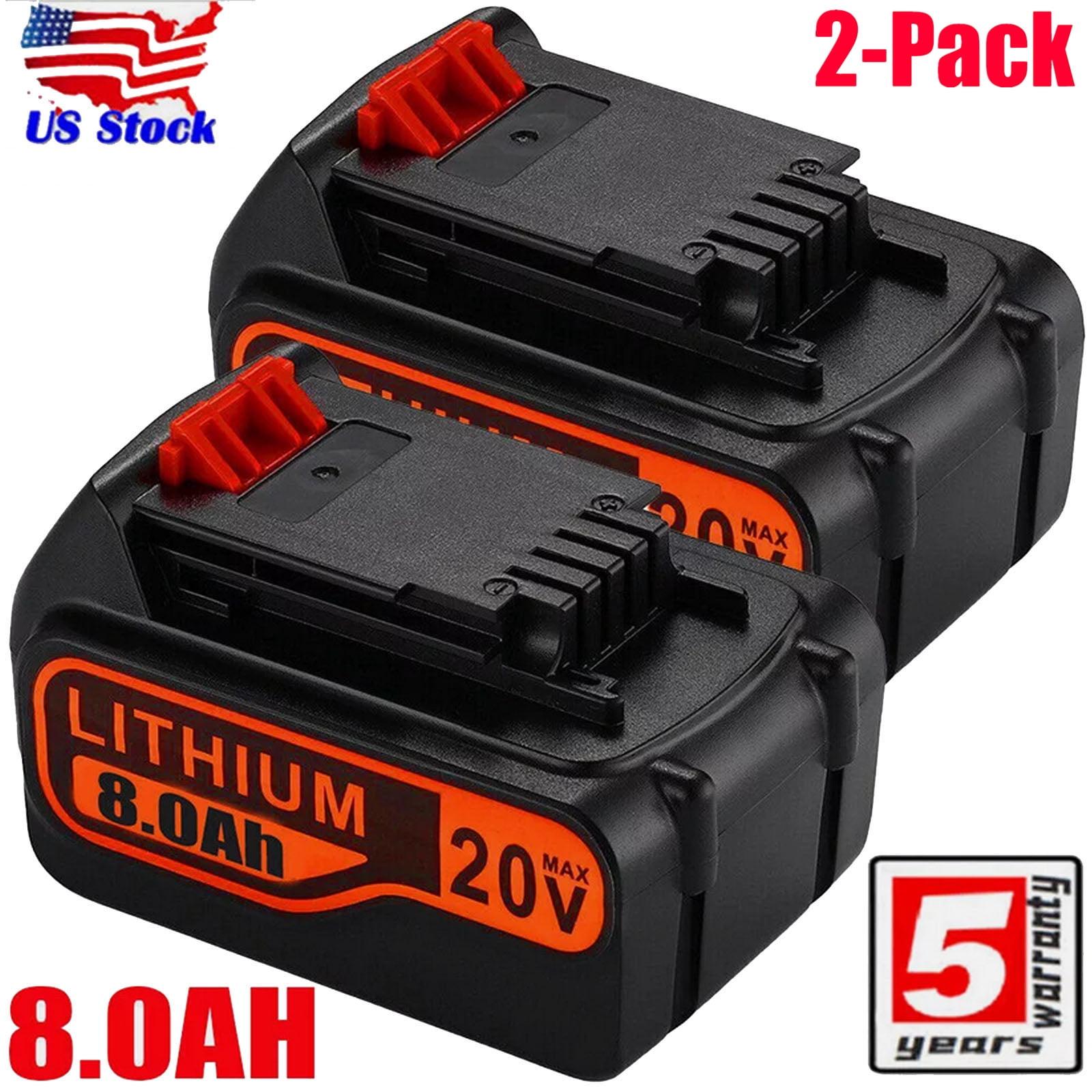 2 Pack 8.0Ah 20v for BLACK+ DECKER Lithium Batteries Max Replacement ...