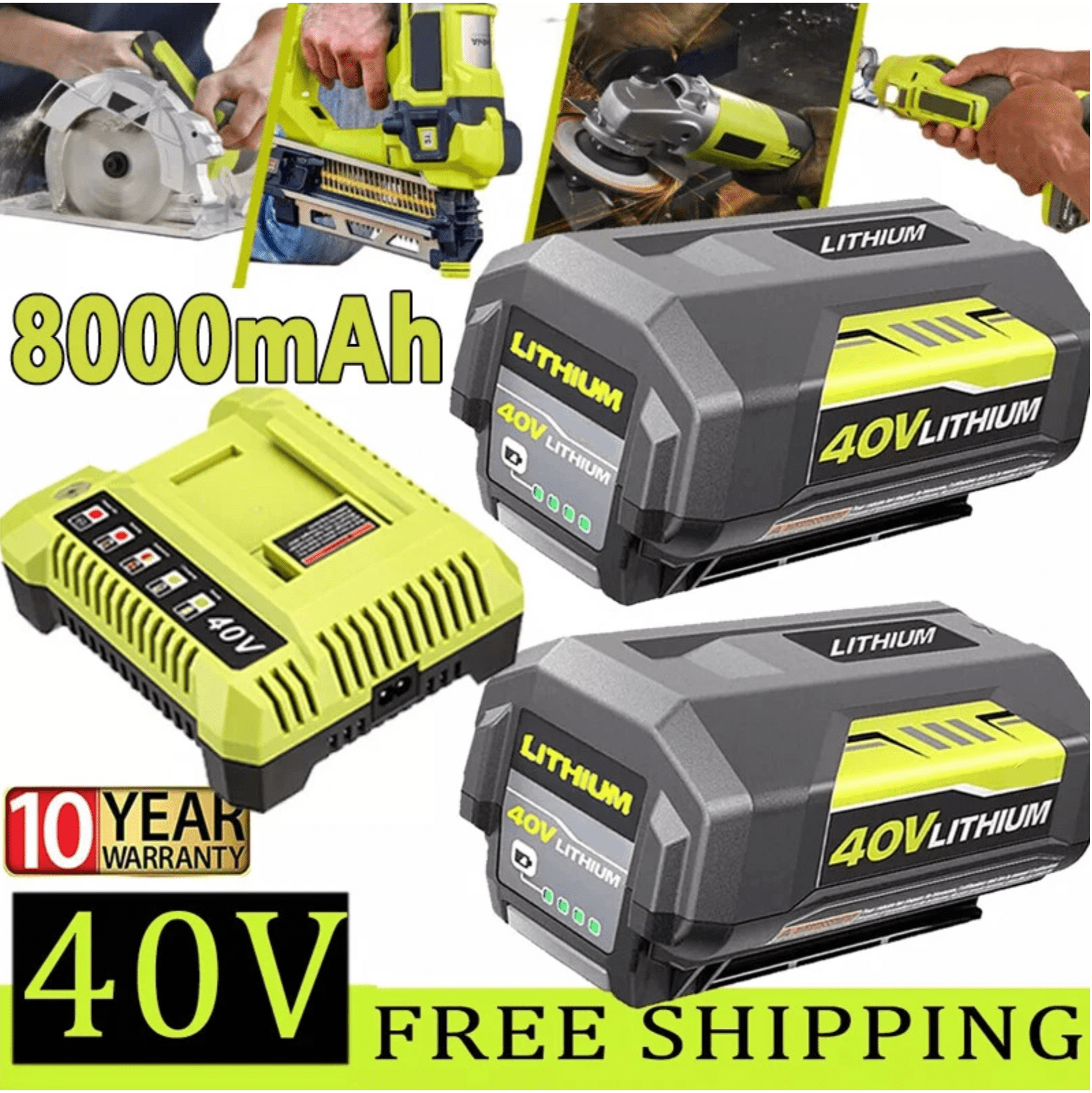 2 Pack 8.0Ah 40 Volt Replacement for Ryobi 40V Battery and Charger Kit ...