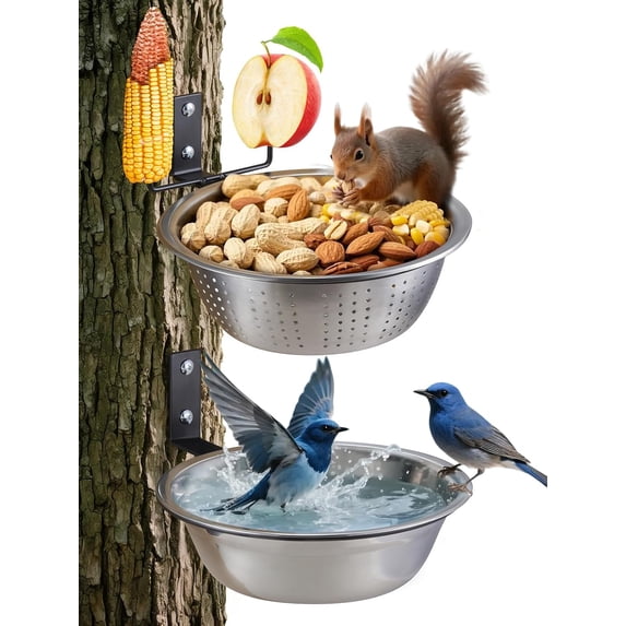 2 Pack 8.5"/1.4L Squirrel & Bird Feeder Combo - 1 Metal Food Bowl with ...