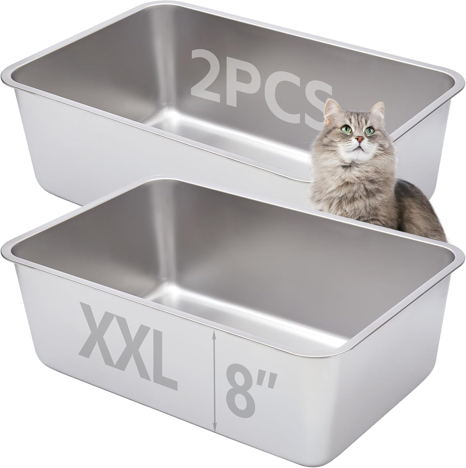 2 Pack 8 Deep Extra Large Stainless Steel Litter Boxes, 2 Pcs XXL ...
