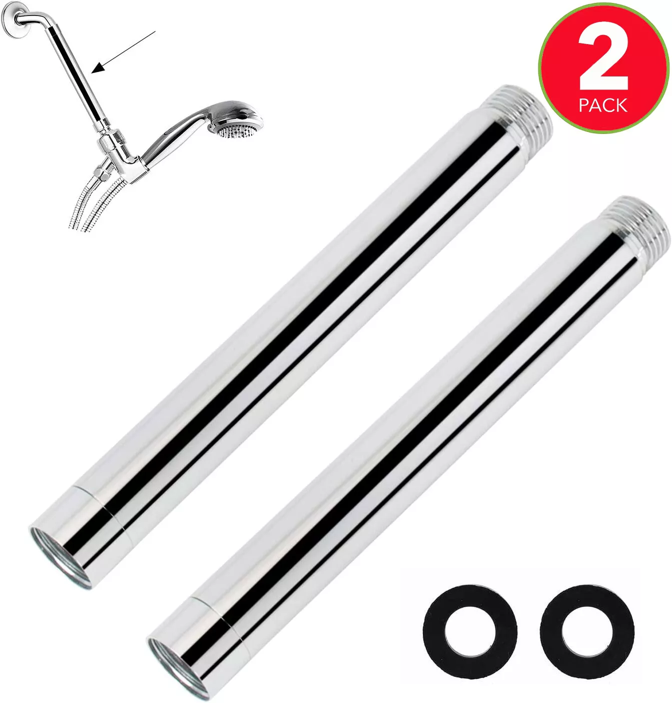 2 Pack 8 In Shower Head Extension Arm,Solid Metal Stainless Steel Pipe ...