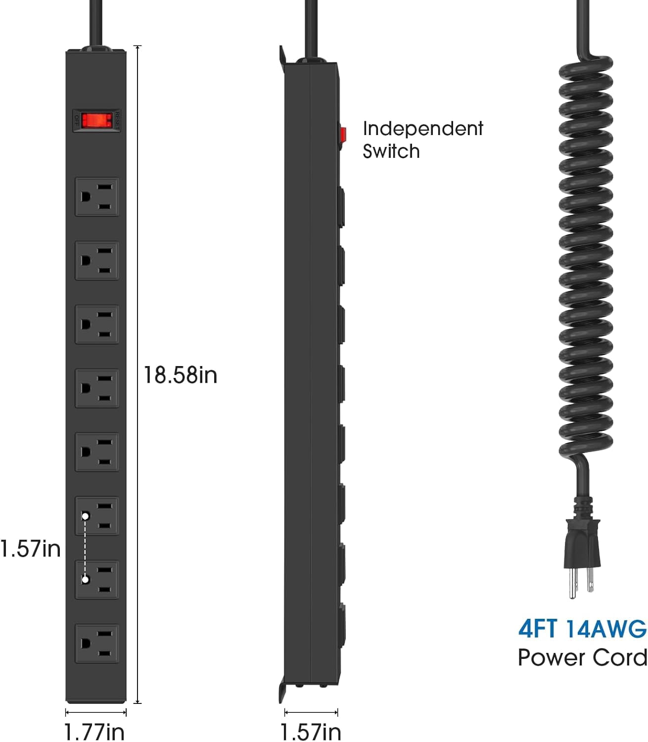 2 Pack 8 Outlet Metal Wall Mount Power Strip, Surge Protector Long ...