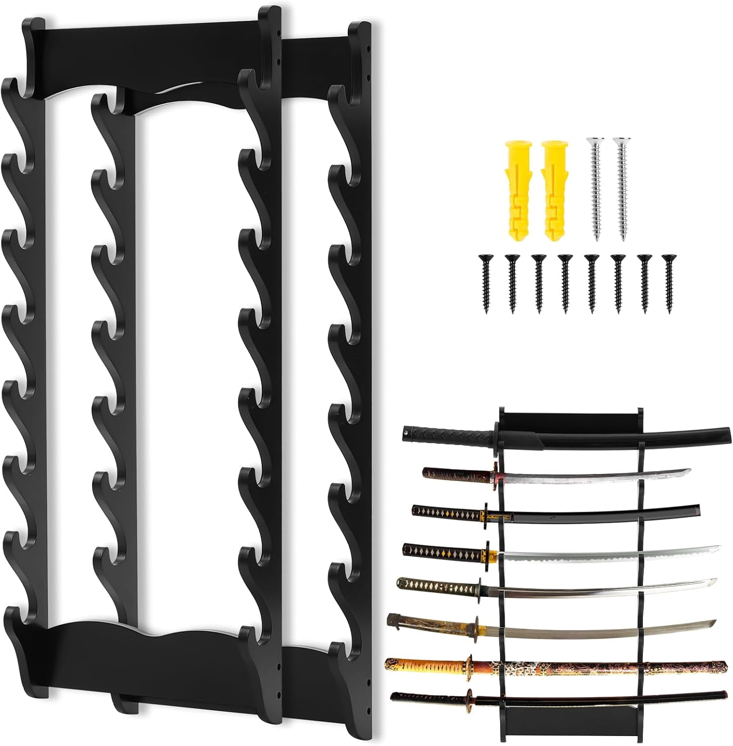 2 Pack 8 Tier Wall Mounted Sword Rack Wooden Sword Display Stand for ...
