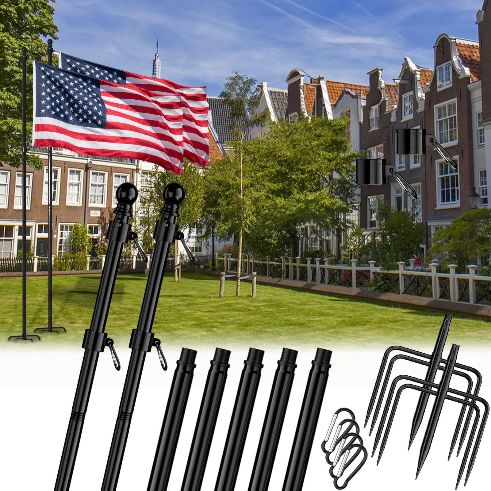 2 Pack 8FT Heavy Duty Flag Poles in Ground with 5 Pronges Base ...