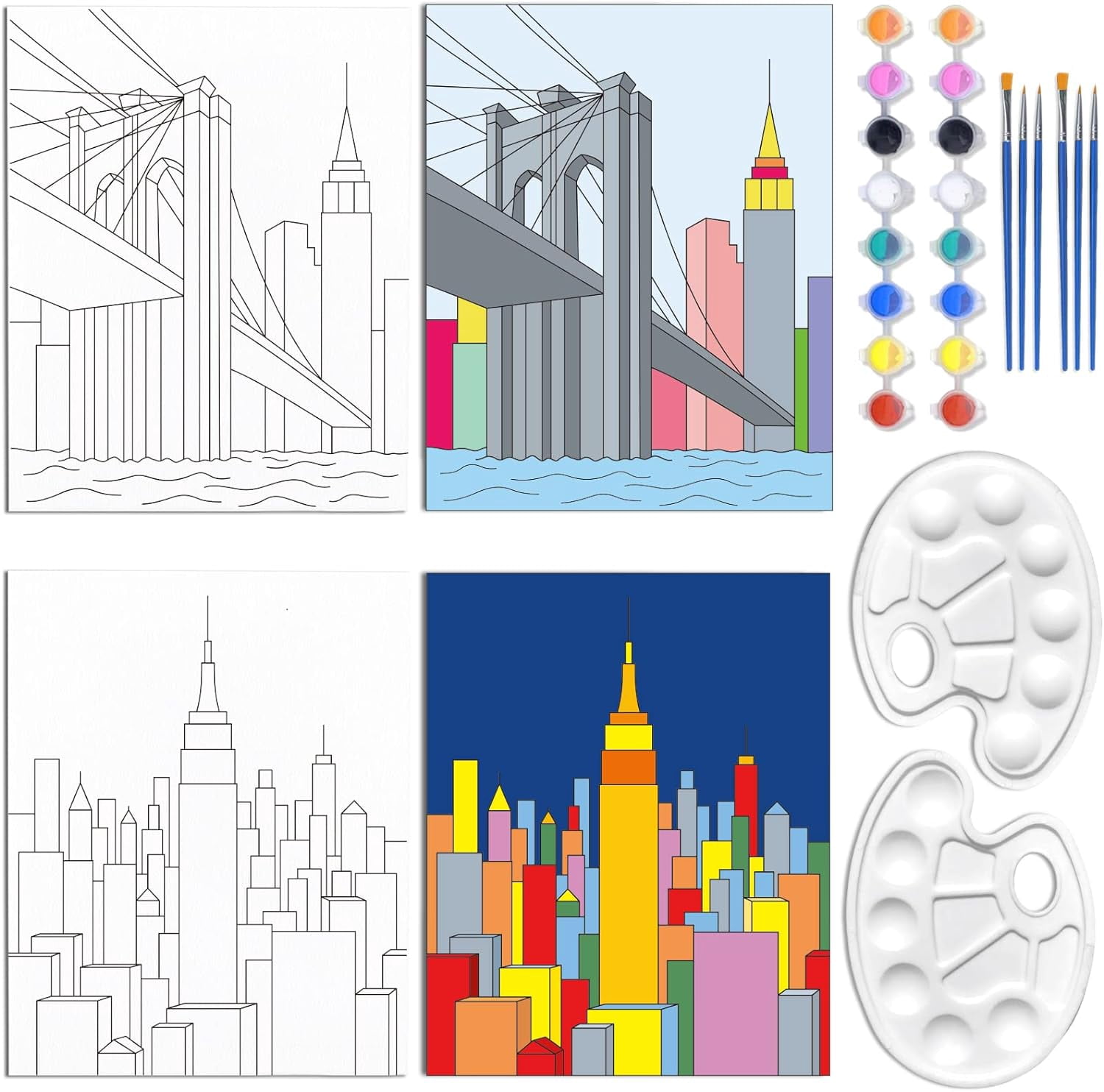 2 Pack 8x10 Pre Drawn Canvas Paint Kit New York City Brooklyn Bridge ...