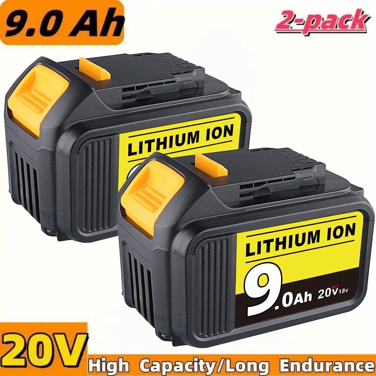 2 Pack 9.0Ah 20 Volt Replacement for Dewalt 20V Lithium Battery MAX DCB206 DCB204 DCB200-2 ...
