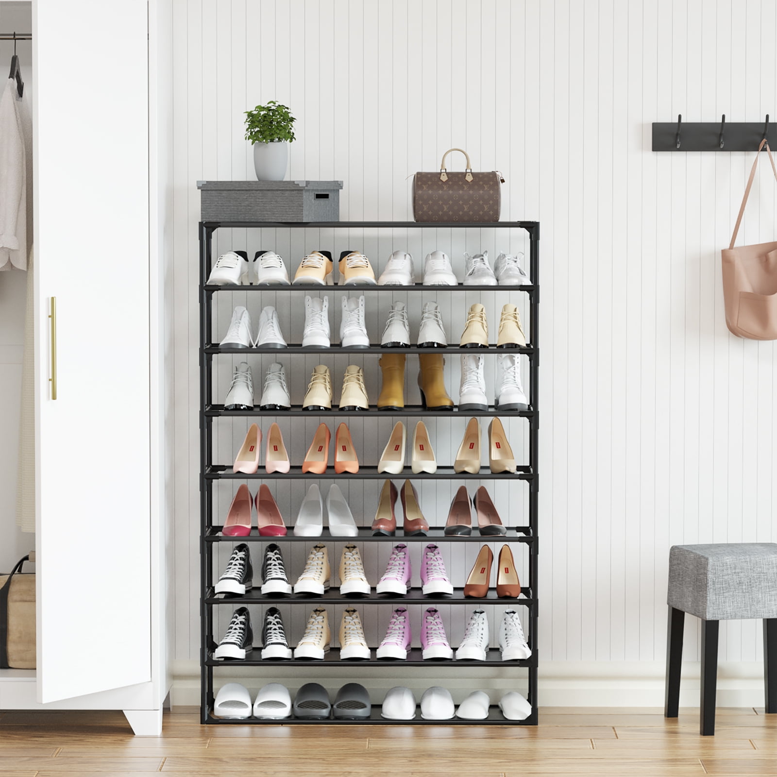 2 Pack 9-Tier Shoe Rack Small Spaces Storage Steel Frame And Fabric ...