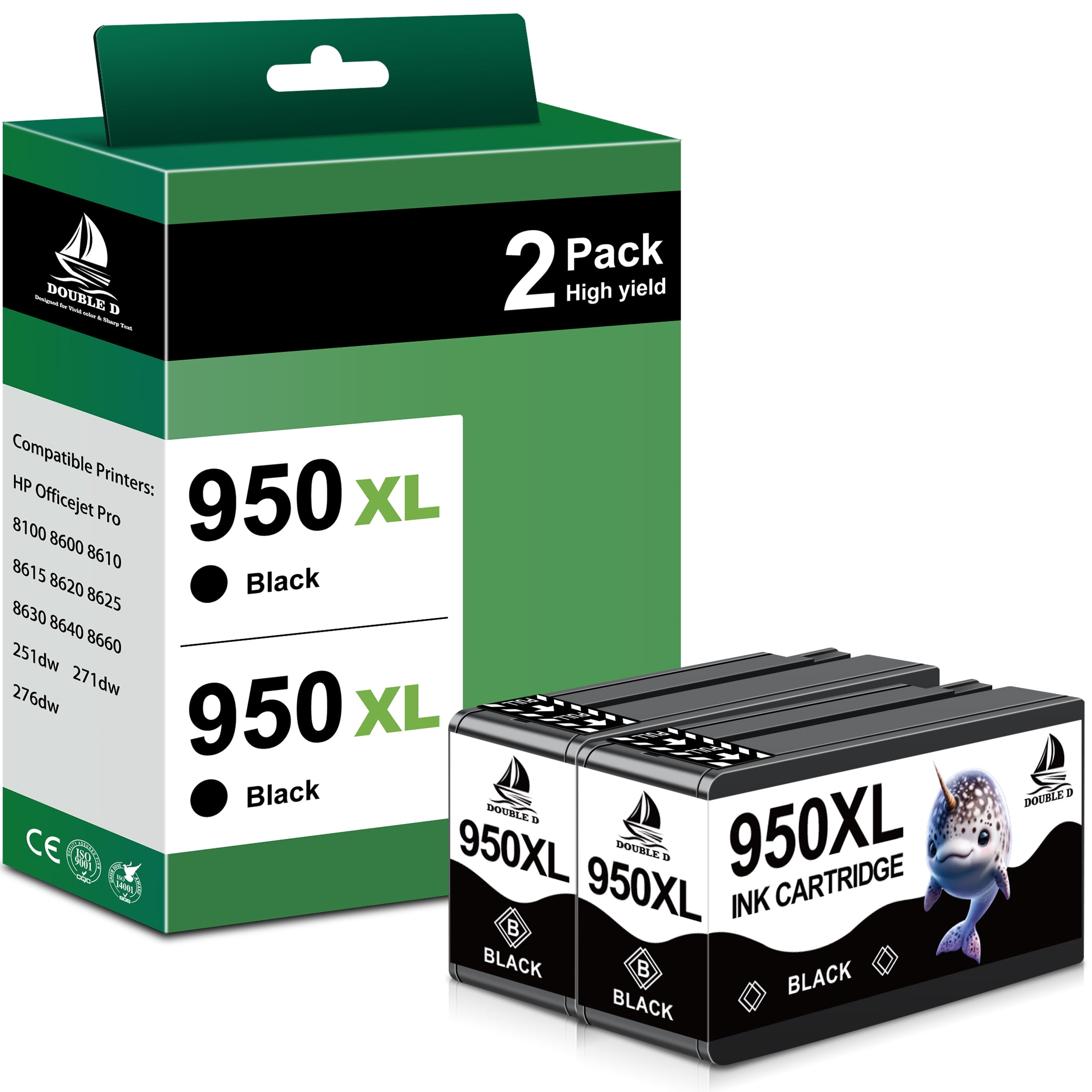 2 Pack 950XL Black Ink Cartridges Compatible for HP 950 Black Ink ...