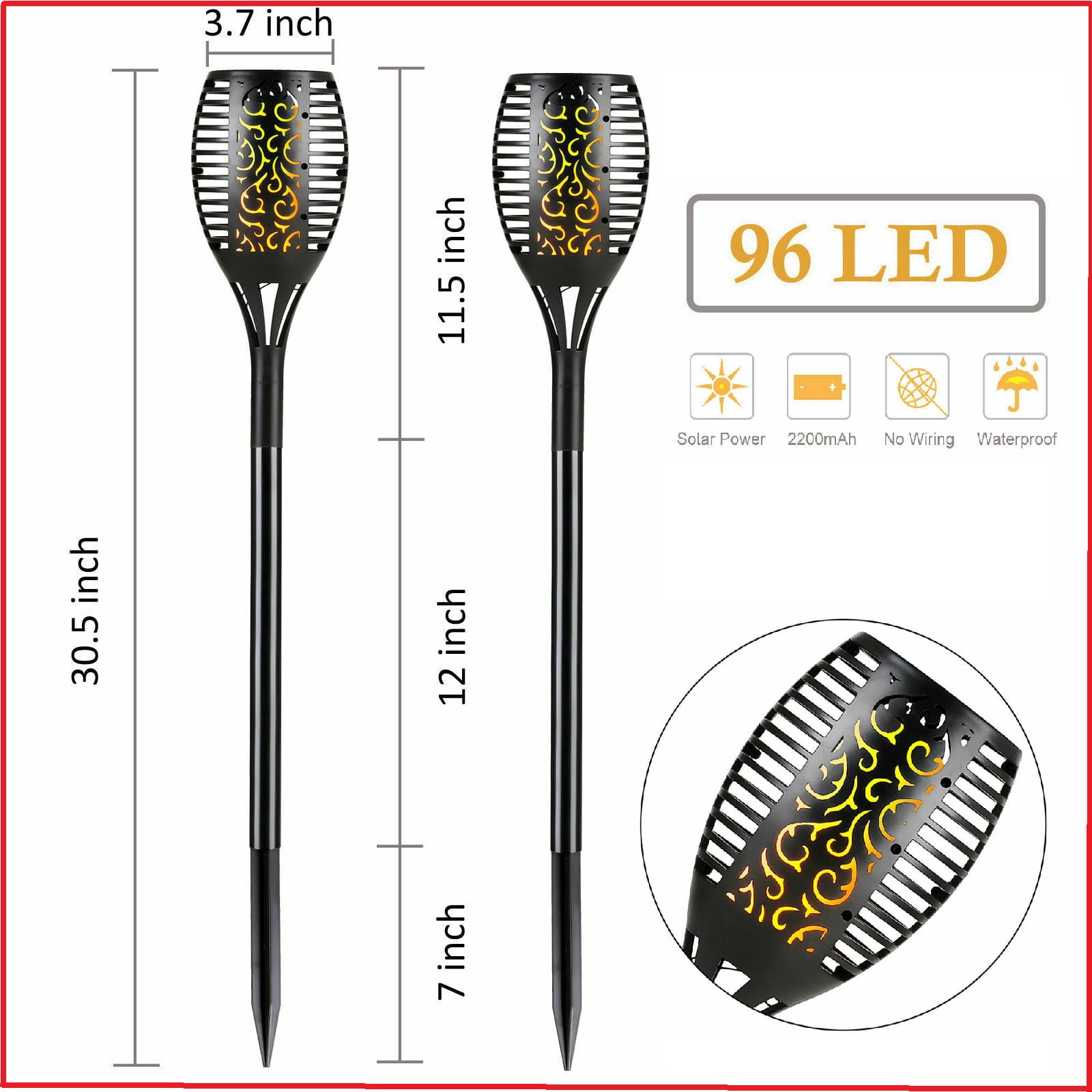 2-Pack 96-LED 3-Lighting Modes Solar Torch Light Dancing Flickering ...