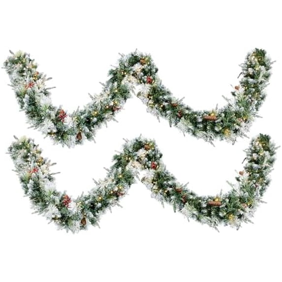 2 Pack 9FT Snow Flocked Christmas Garland, Pre-lit Lighted Artificial ...
