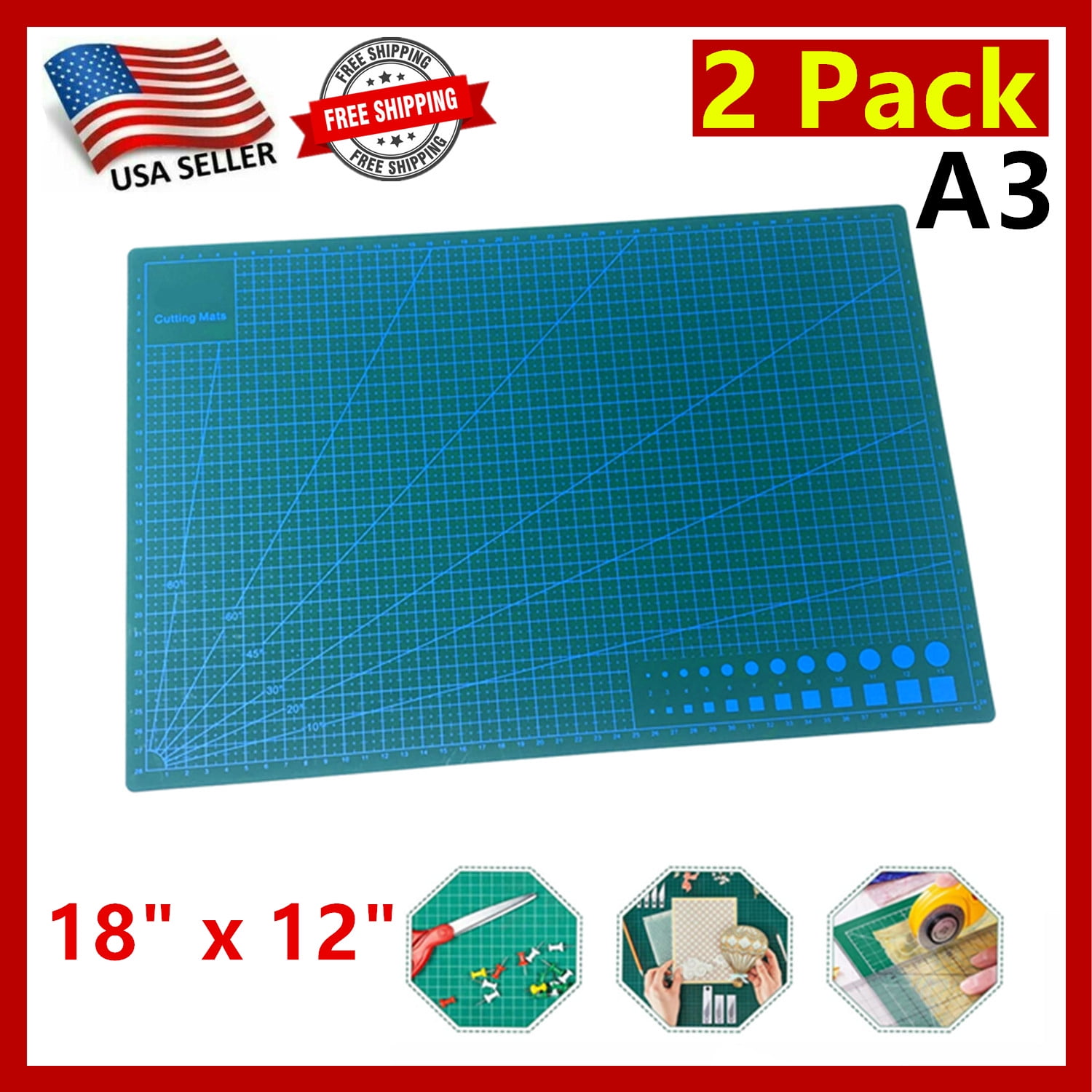 2 Pack A3 Self Healing Cutting Mat Non Slip Printed Grid Line Knife ...