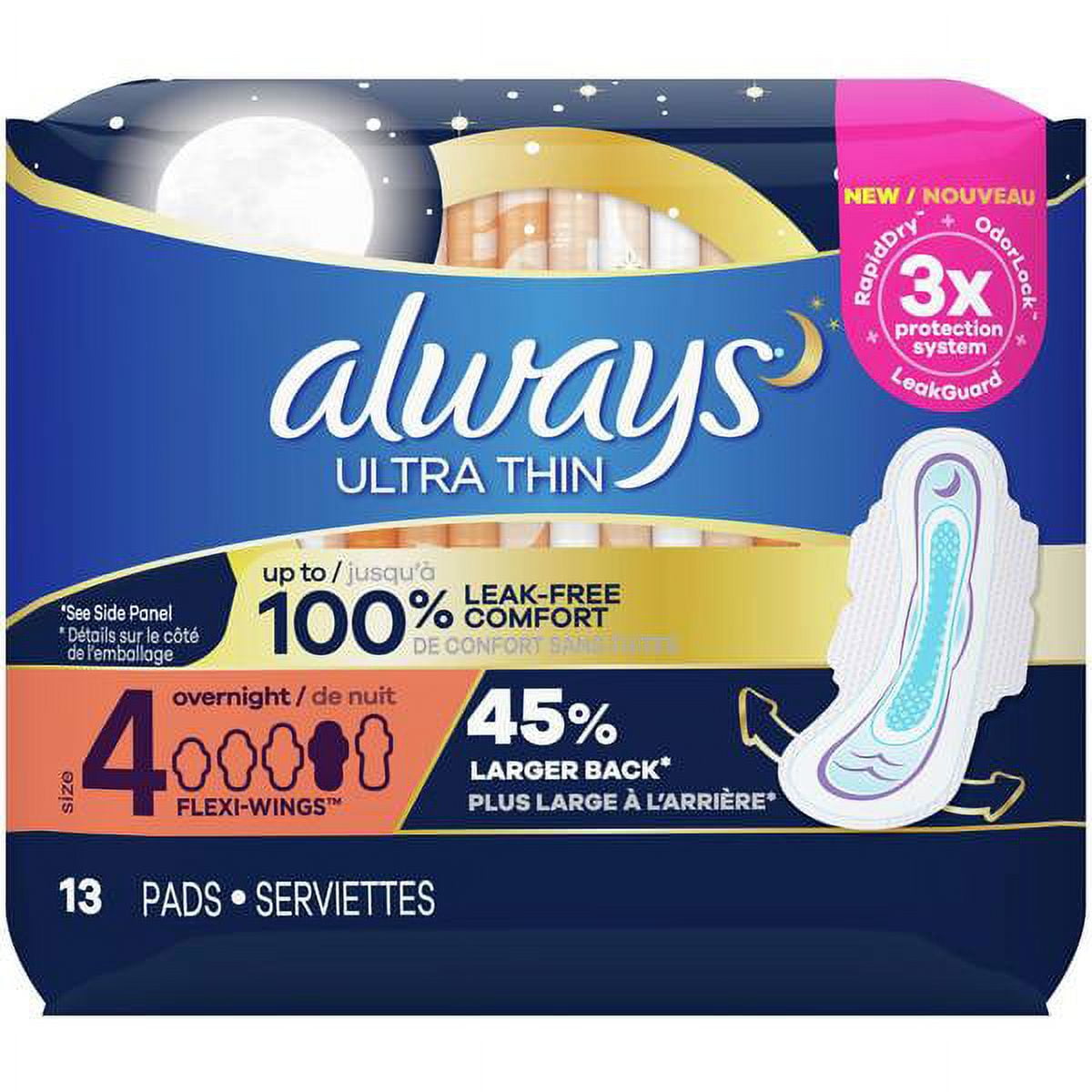 Always Ultra Thin Overnight Pads, 2 Pack, 13 Pads, 3X Protection ...