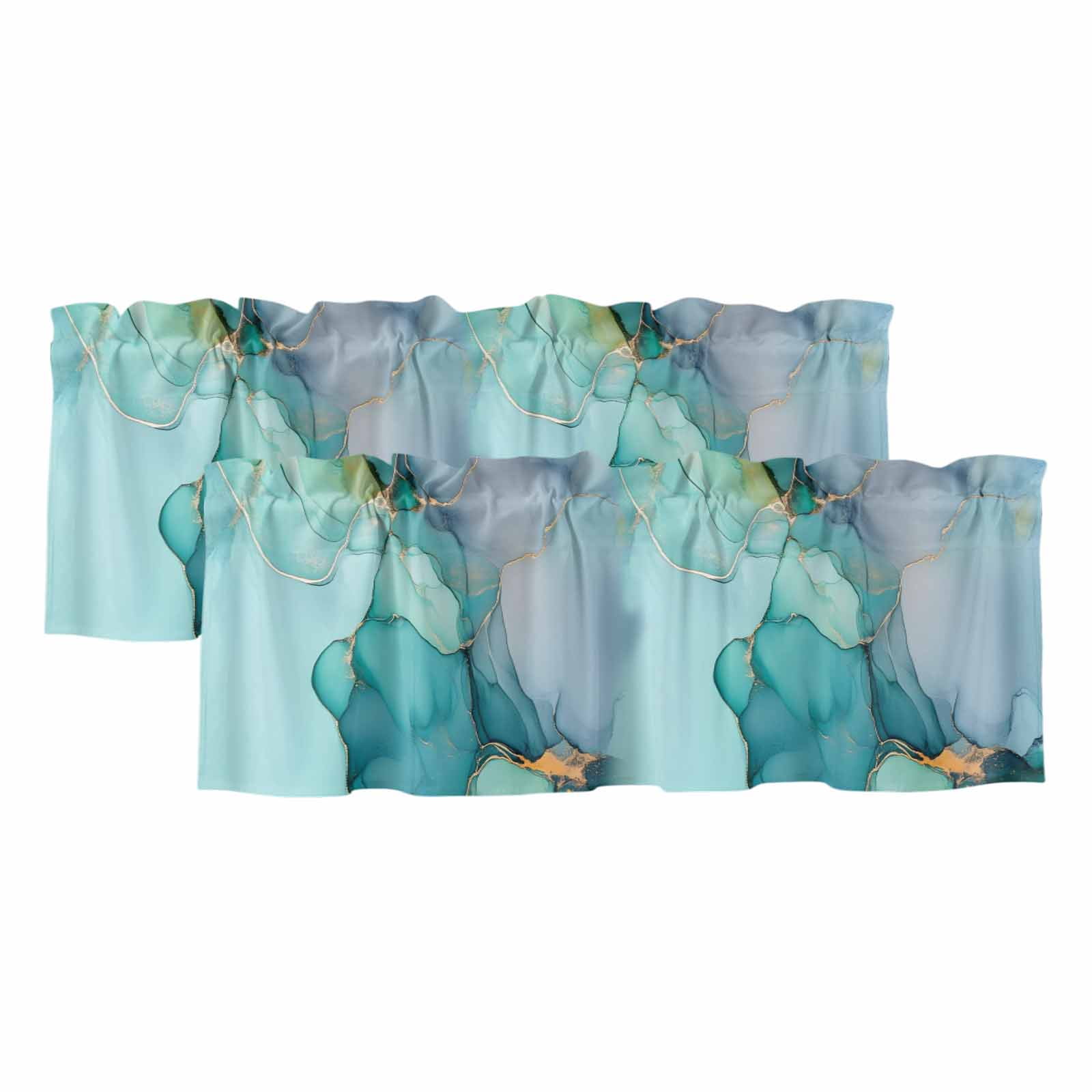 2 Pack Abstract Teal Valance for Window Blue Gold Marble Natural Stone ...