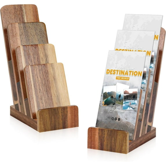 2 Pack Acacia Wood 4 Inch Wide pamphlet holder stand 4-Tier Flyer ...