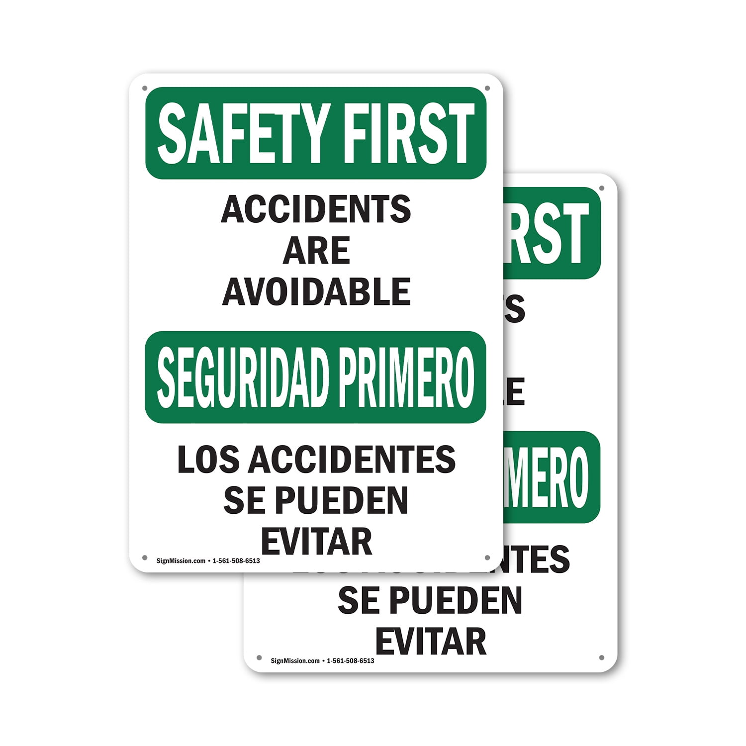 (2 Pack) Accidents Are Avoidable Bilingual OSHA Safety First Sign 12 ...