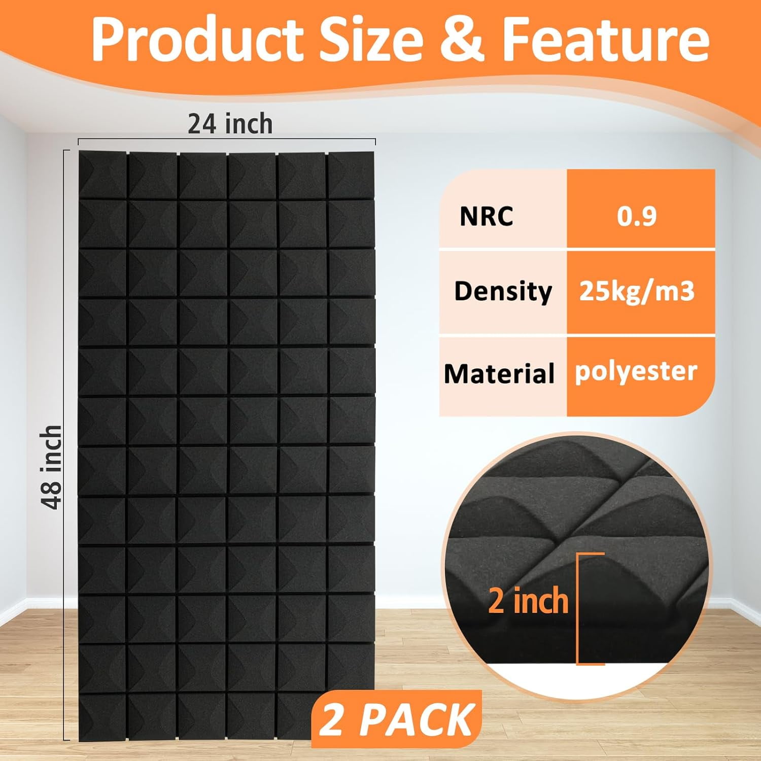2 Pack Acoustic Panels 48x24x2 Inch Sound Proof Foam for Studio, Home ...