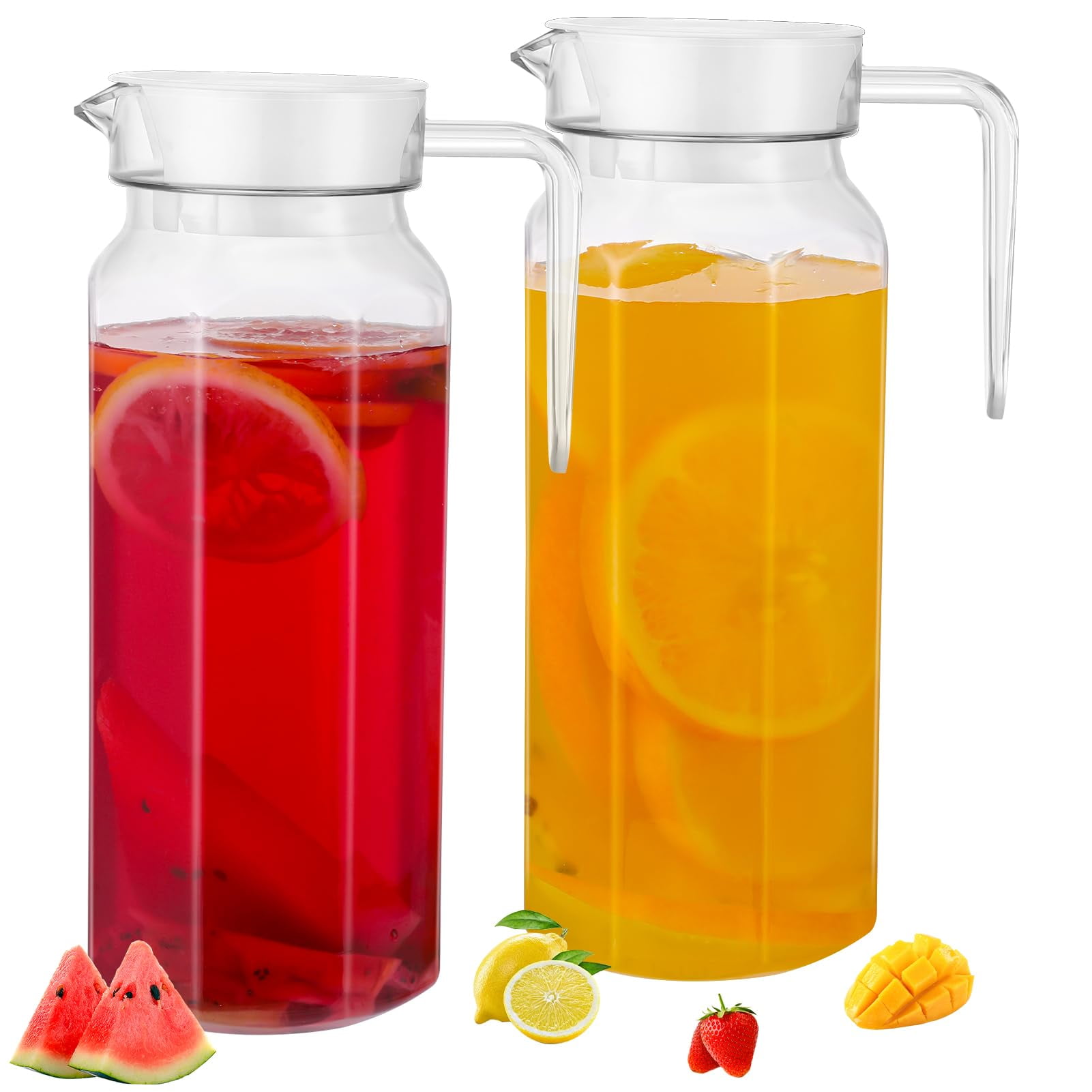 2 Pack Acrylic Pitcher with Lid, 1.1 Litre Clear Water Pitchers with Handle, Unbreakable ...