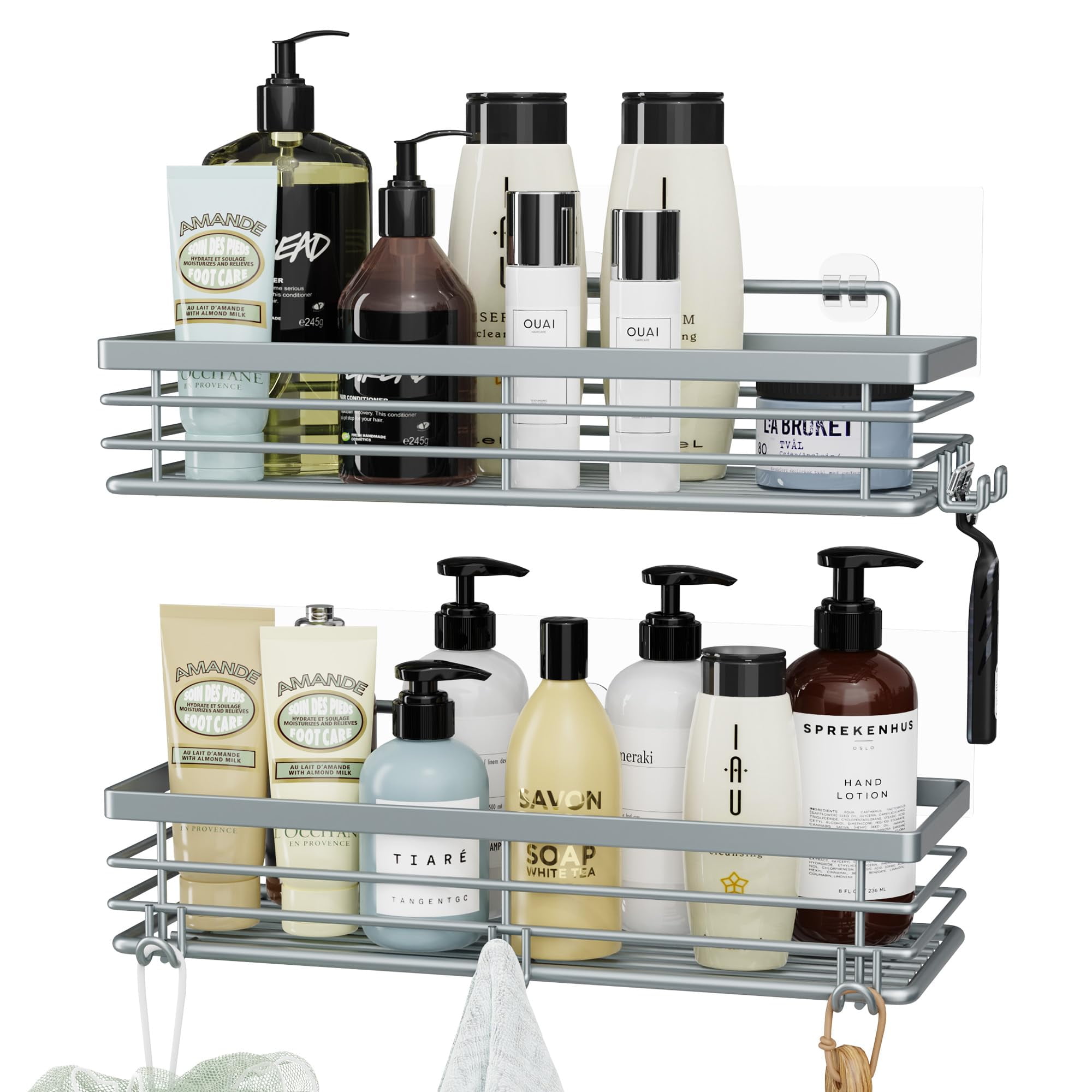2-Pack Adhesive Shower Caddy - 5 Hooks, No Drill, Stainless Steel ...