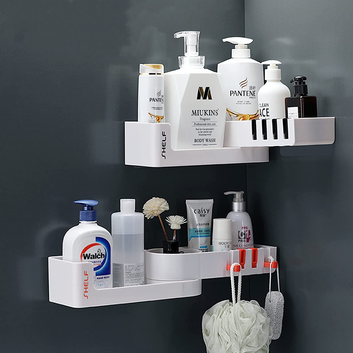 2-Pack Adhesive Shower Caddy Bathroom Shelf Expandable Wall Mounted No ...