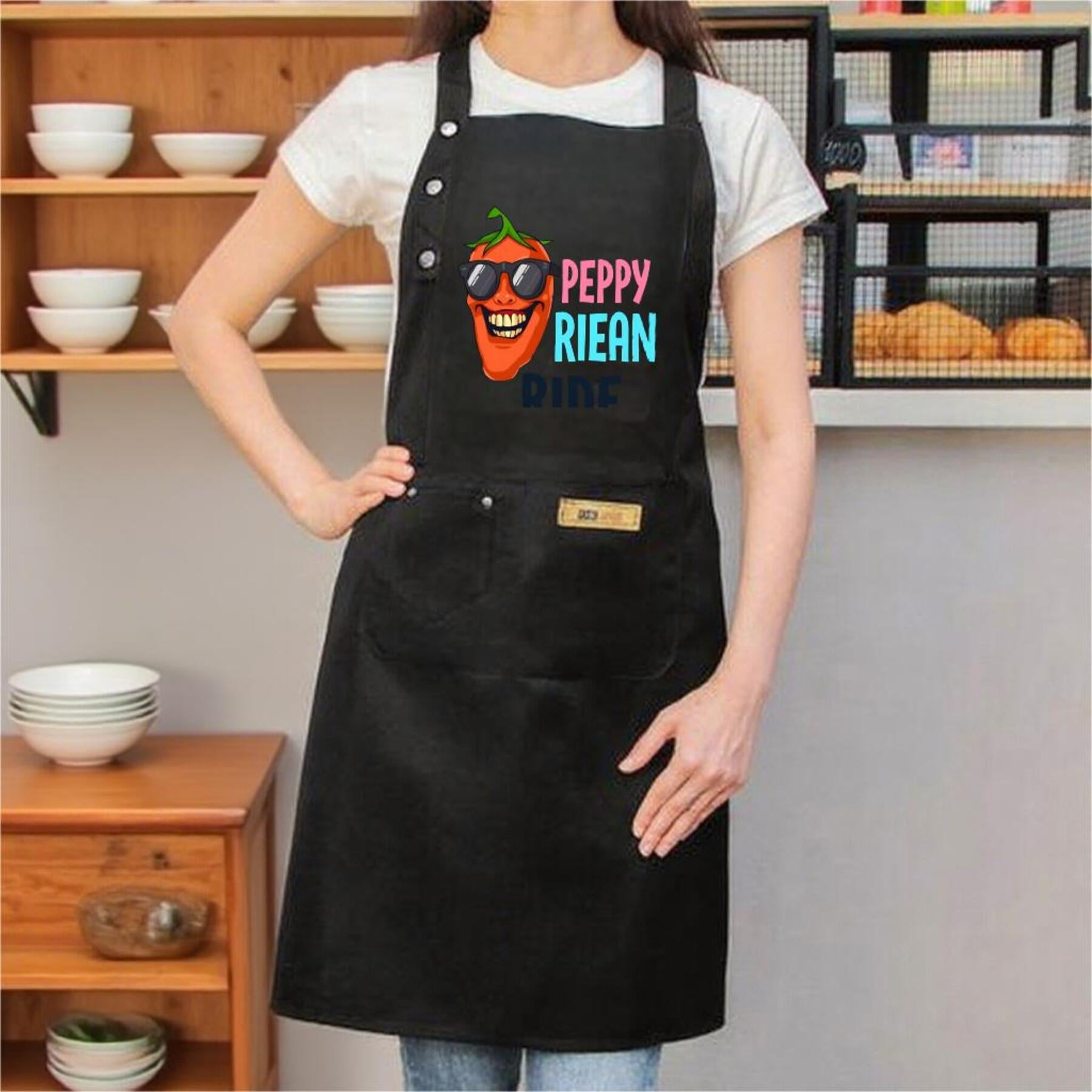 2 Pack Adjustable Black Aprons with Front Pocket - Fun Cartoon Pepper Design with " PEPPY RIEAN ...